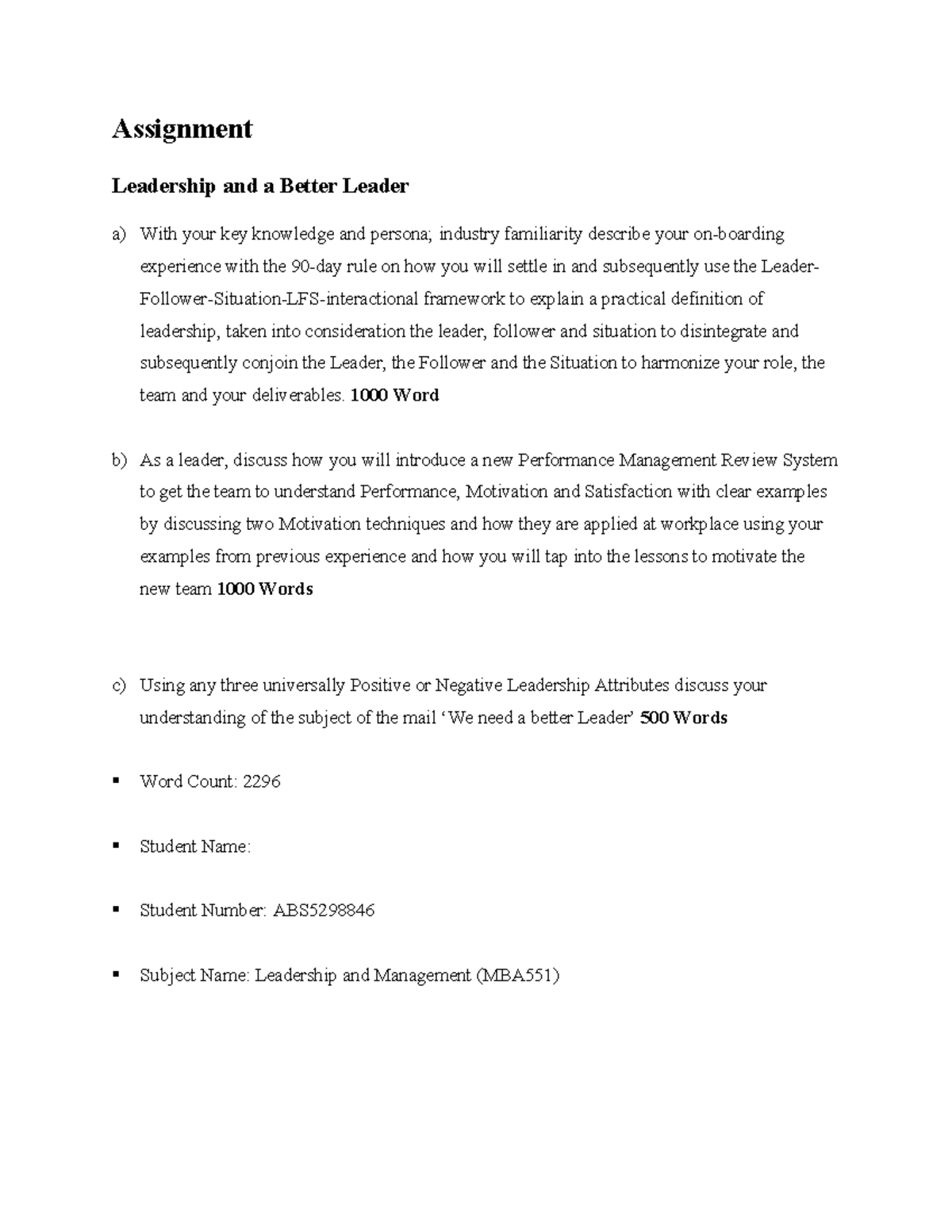 Leadership AND Management Assignment - Assignment Leadership and a ...