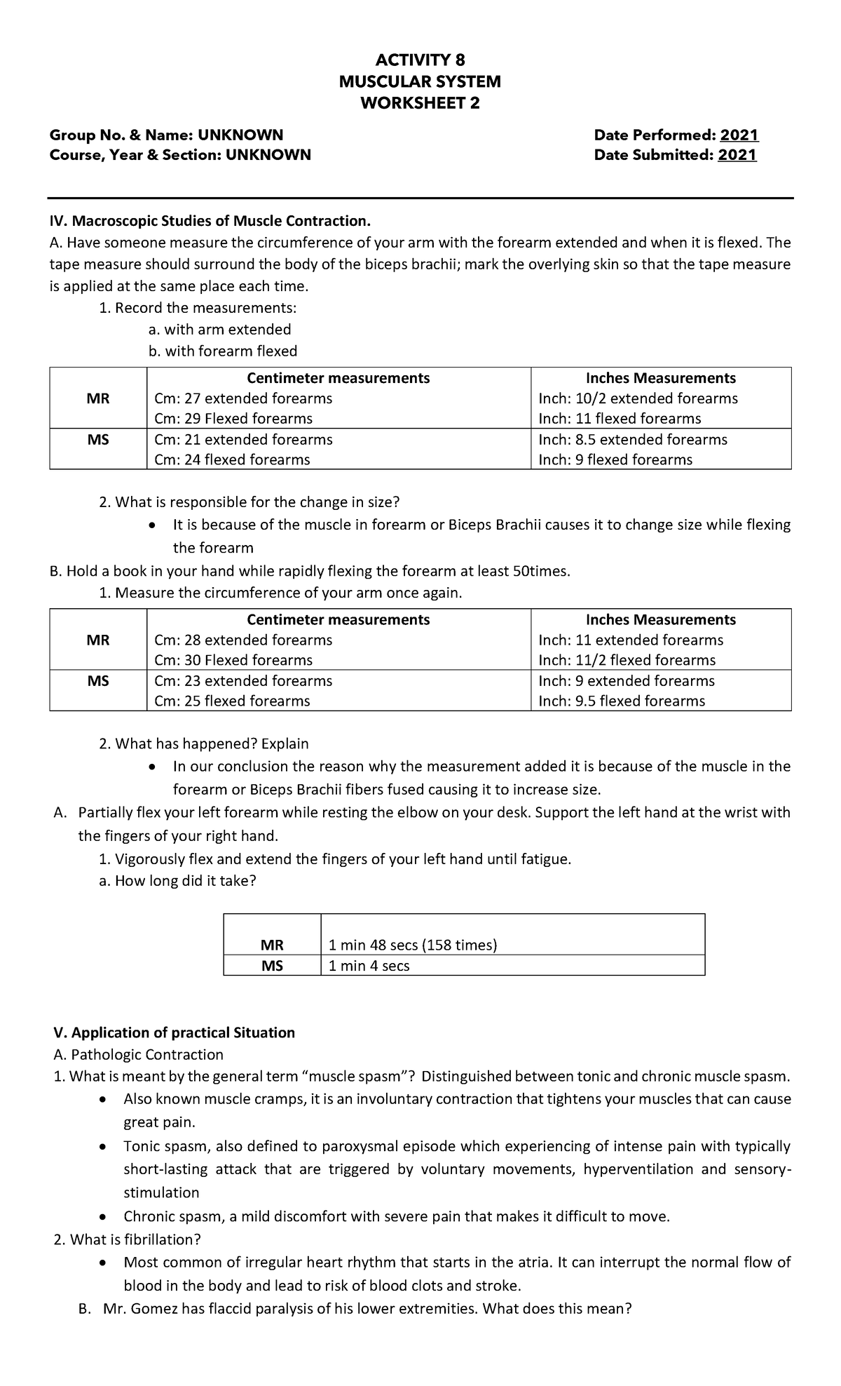 Anaphy Lab Activity 8 - Worksheet about the Muscular System ...