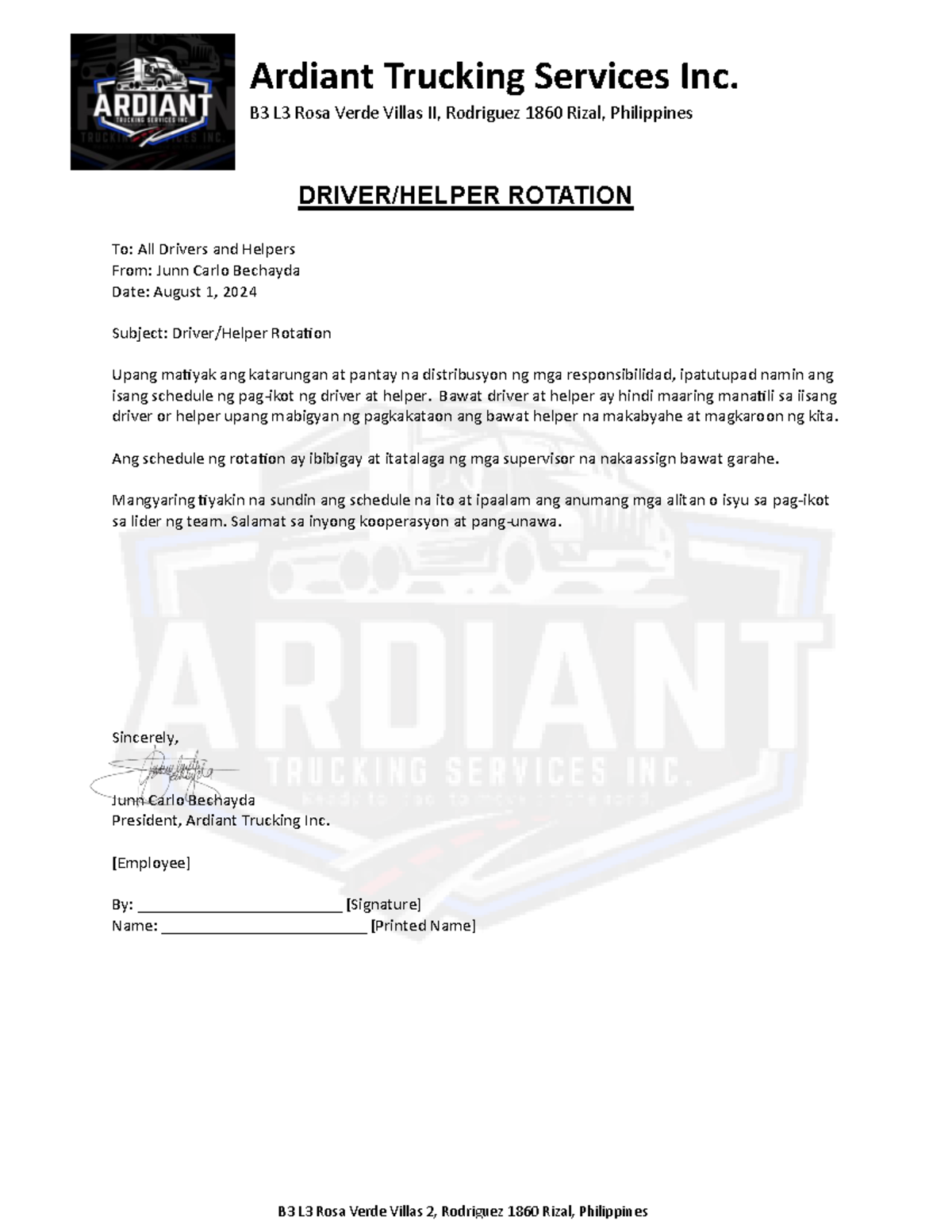 Ardiant Driver:Helper Rotation - To: All Drivers and Helpers From: Junn ...