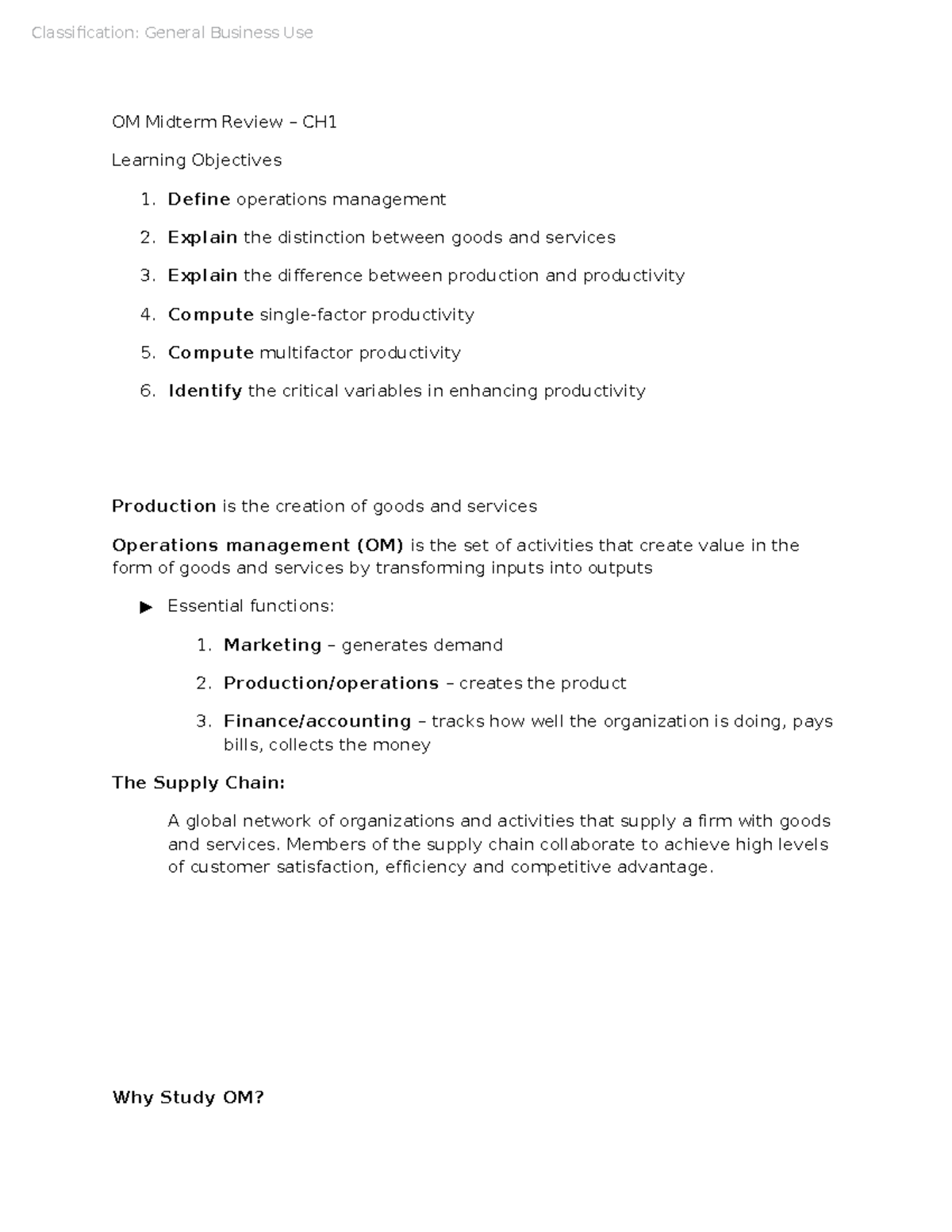 OM - Review - OM Midterm Review – CH Learning Objectives 1. Define operations management 2 ...