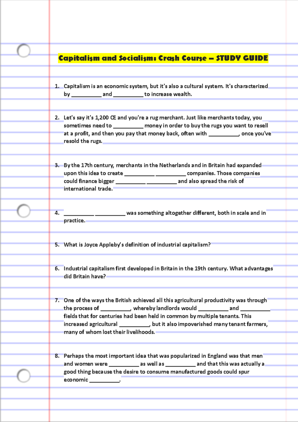 Capitalism and socialism crash course - study guide - Capitalism and ...