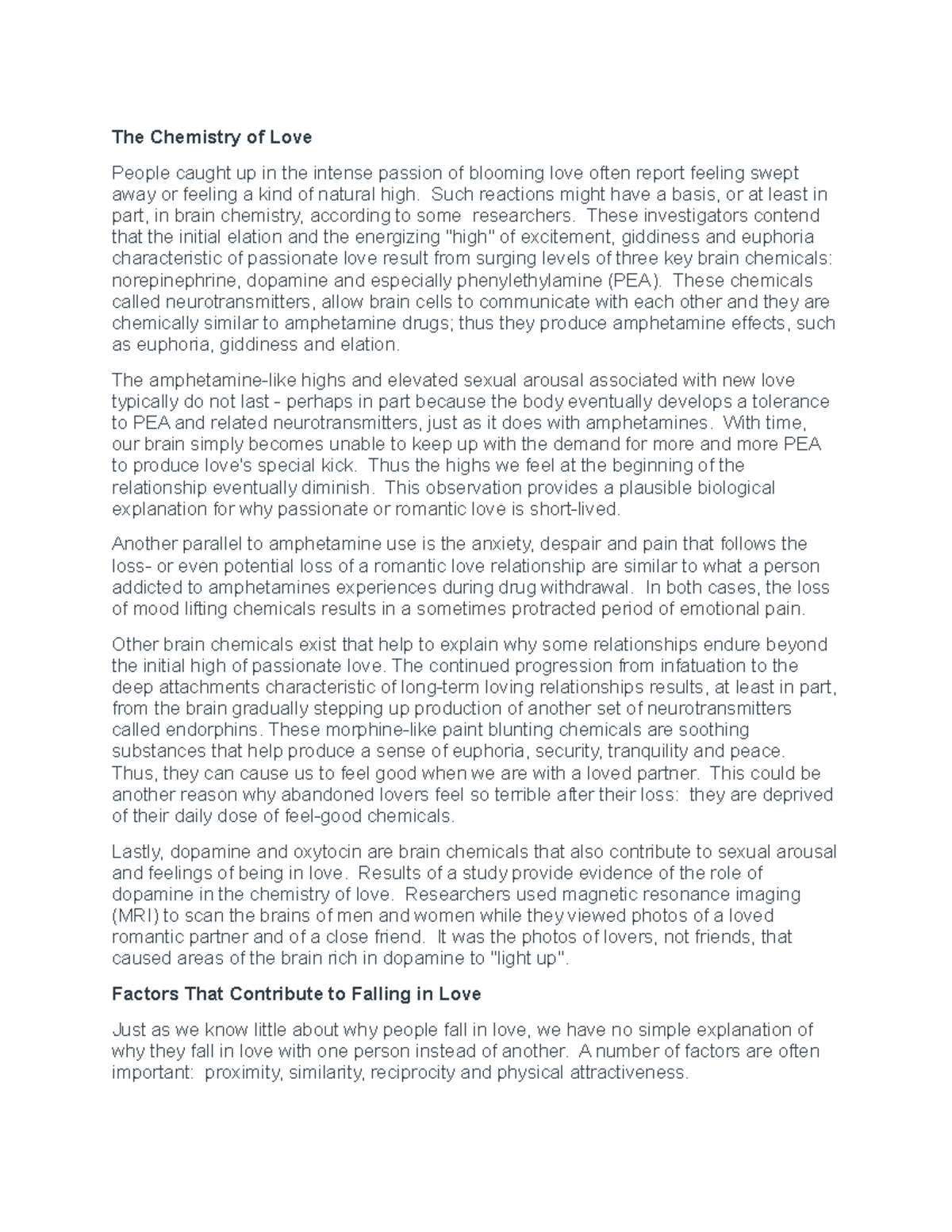 Psych - notes - The Chemistry of Love People caught up in the intense ...