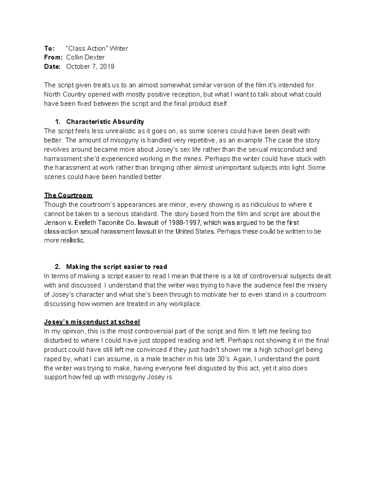 Class Action Development Notes - To: “Class Action” Writer From:Collin ...