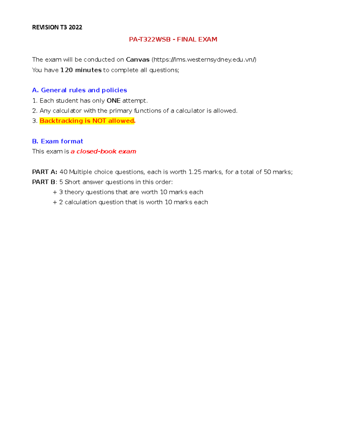 Revision exercises - REVISION T3 2022 PA-T322WSB - FINAL EXAM The exam ...