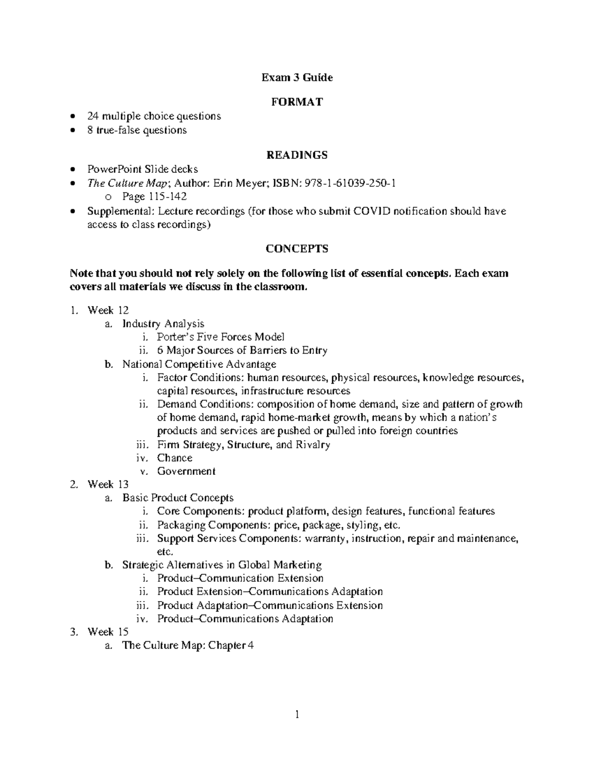 Exam 3 Study Guide - 1 Exam 3 Guide FORMAT 24 multiple choice questions ...