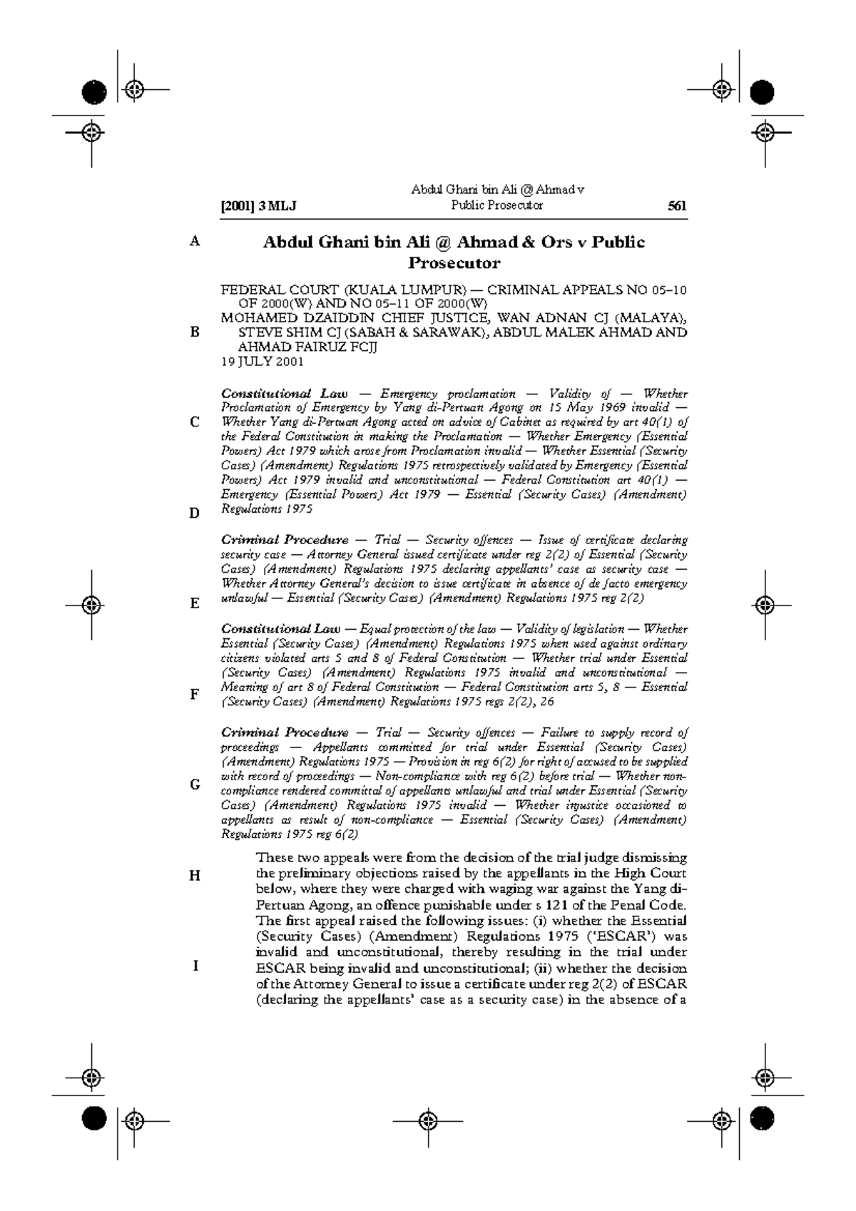 Abdul Ghani BIN ALI $ Ahmad & ORS v Public Prosecutor - [2001] 3 MLJ ...