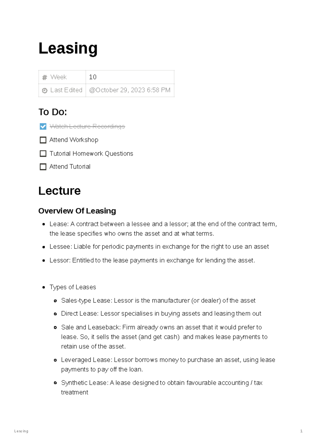Week 10 - Leasing - Leasing Week Last Edited 10 To Do: Attend Workshop ...