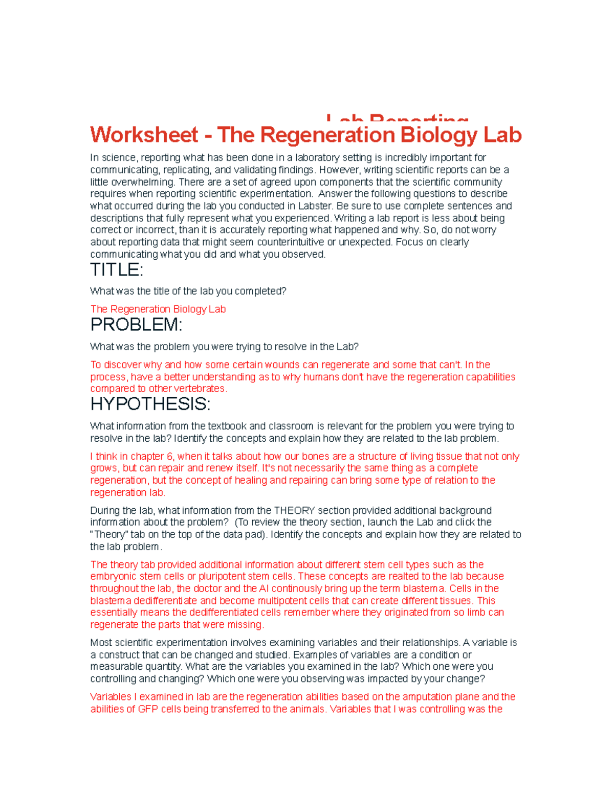 Regeneration Biology Lab Report - Lab Reporting Worksheet - The Regeneration Biology Lab In ...