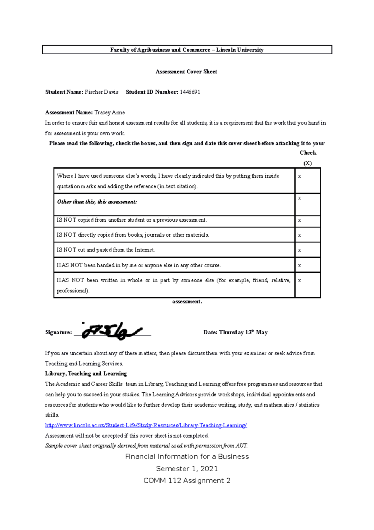 Assignment 2 Fischer - Faculty of Agribusiness and Commerce – Lincoln ...