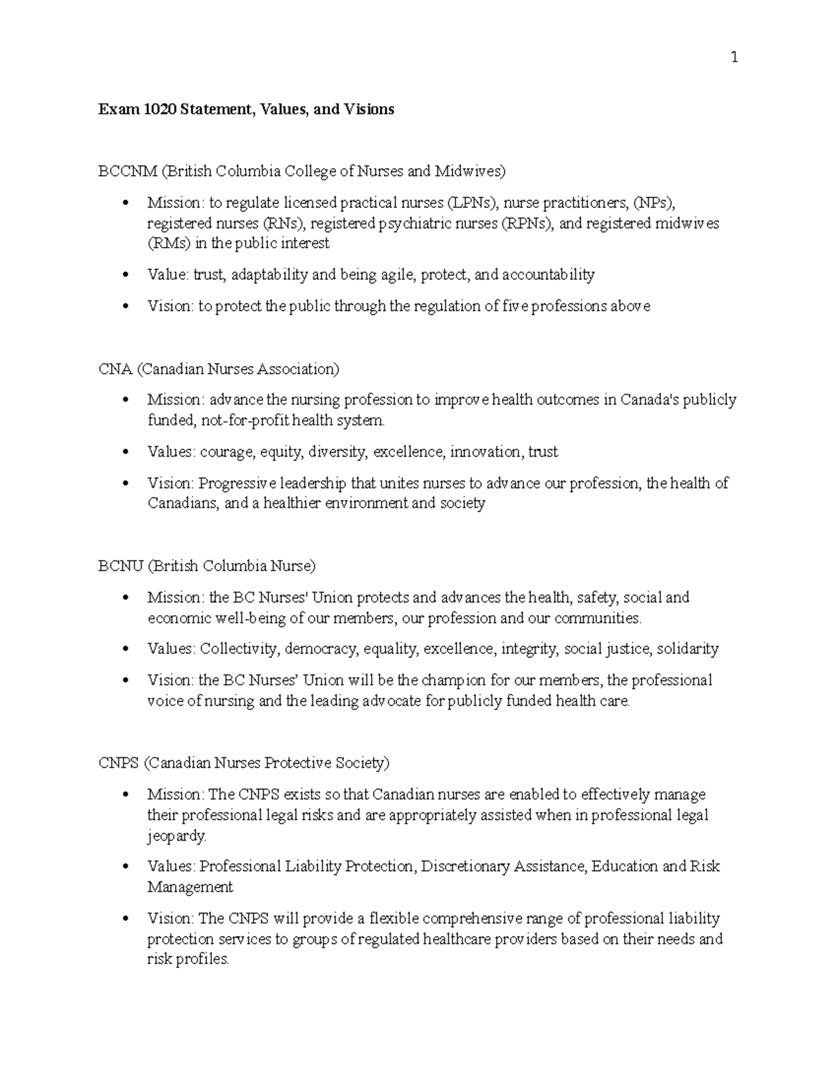 Exam 1020 Statement, Values, and Visions - 1 Exam 1020 Statement ...