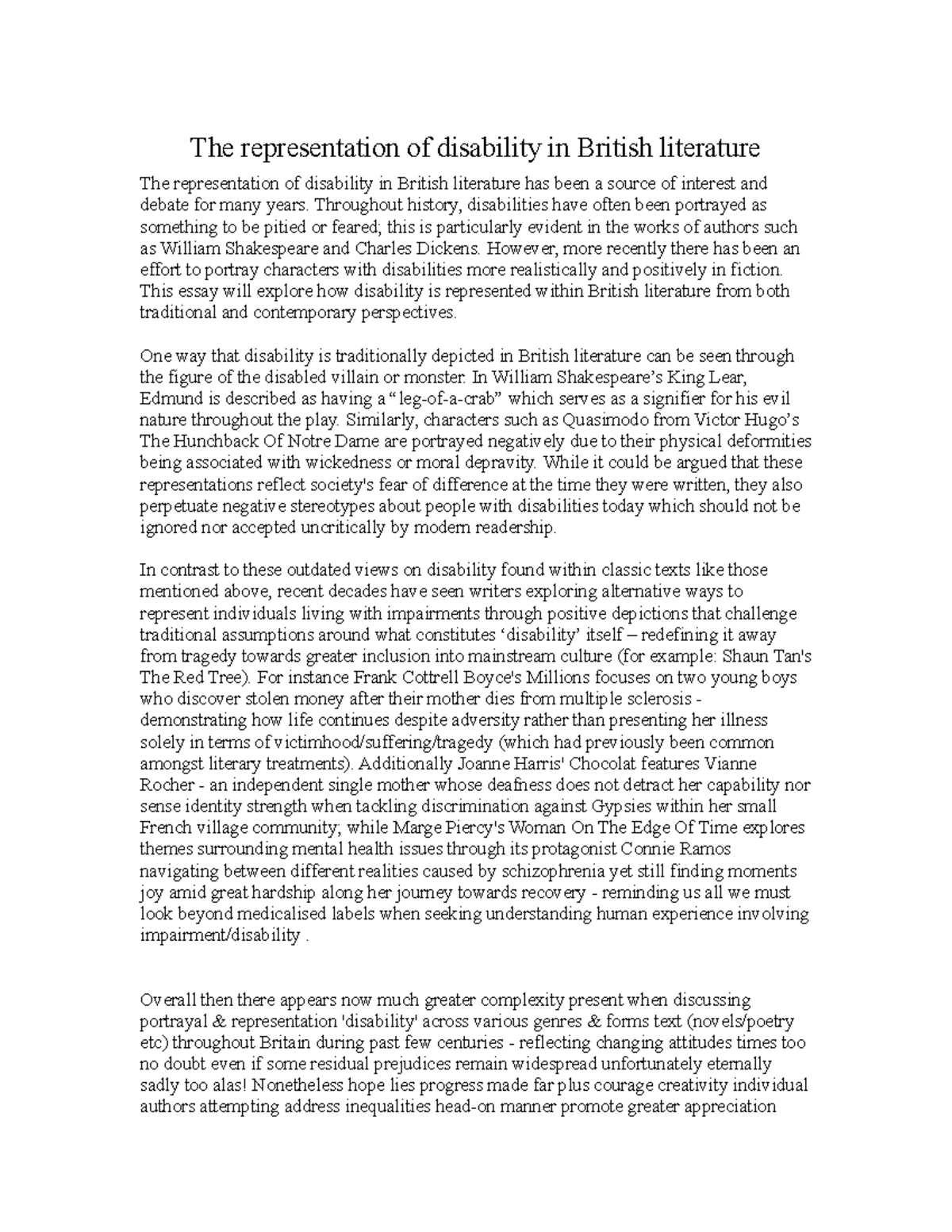 British Literature - Throughout history, disabilities have often been ...