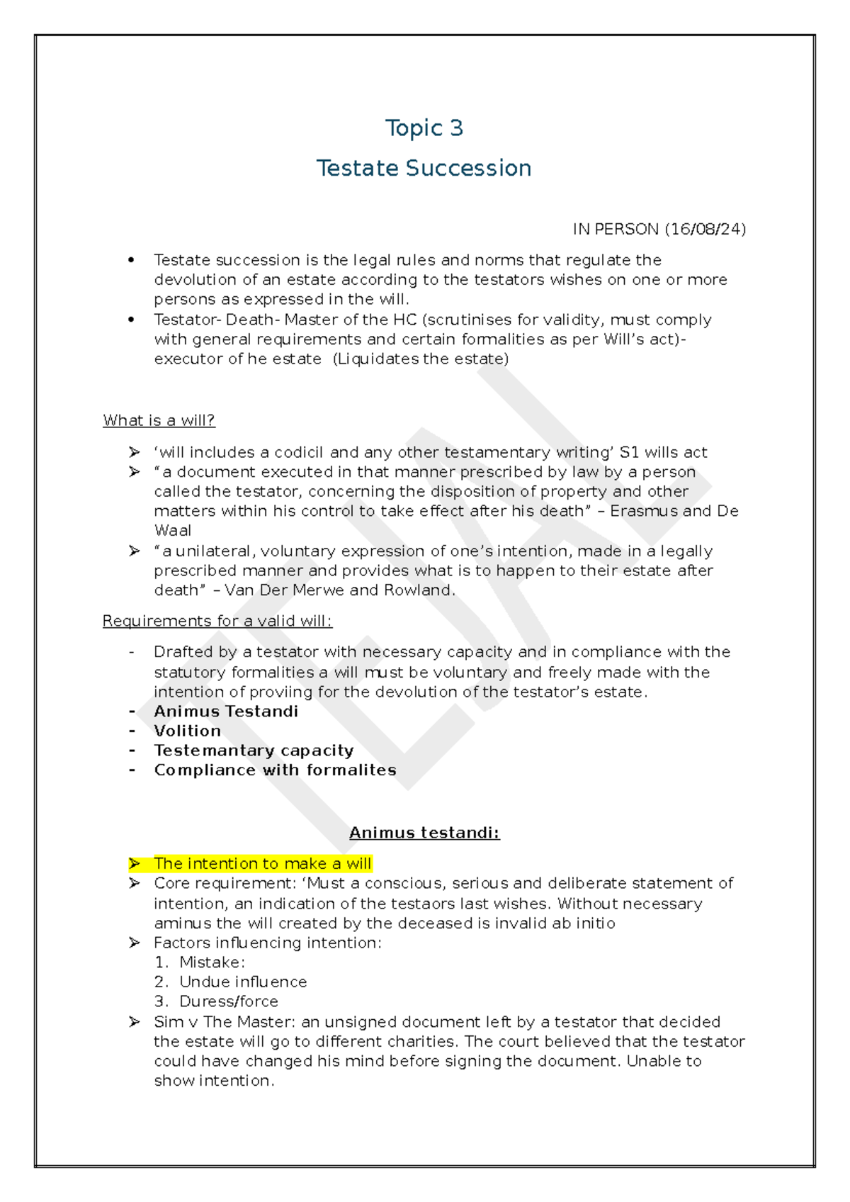 Succession Topic 3-7 - Topic 3 Testate Succession IN PERSON (16/08/24 ...