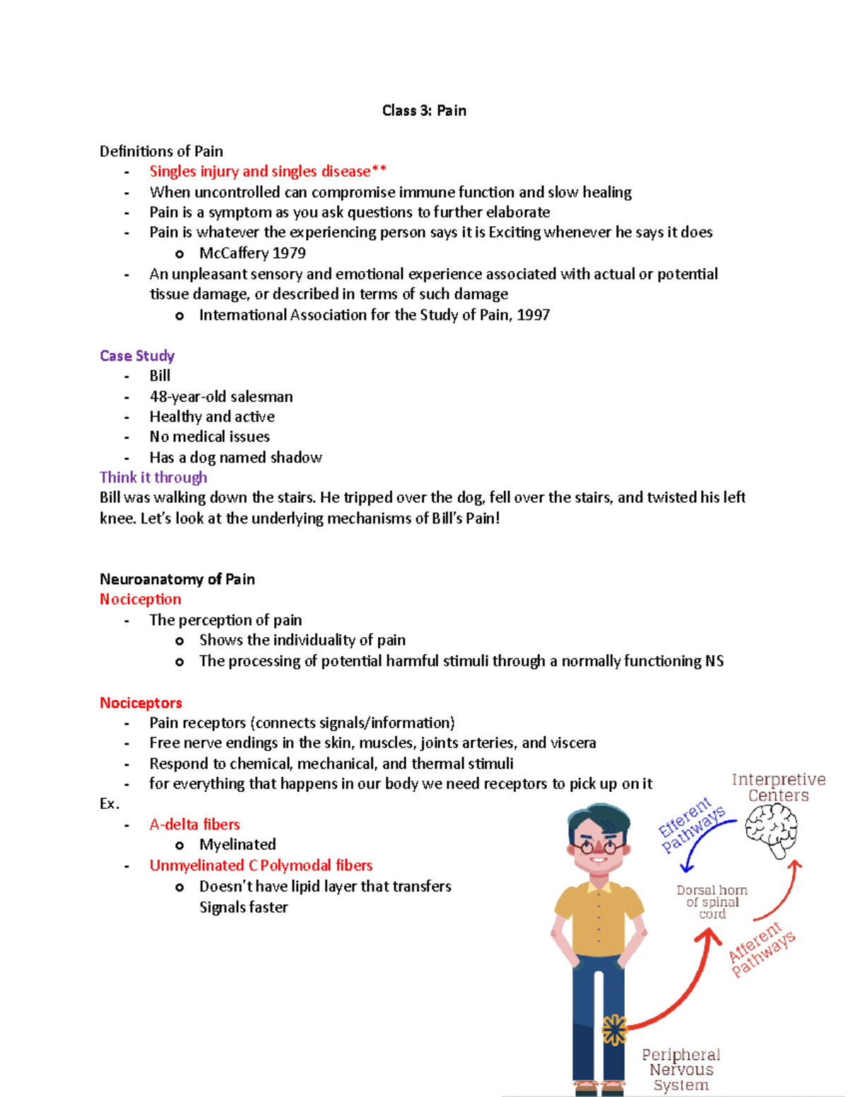 Class 3 - notes - Class 3: Pain Definitions of Pain - Singles injury ...