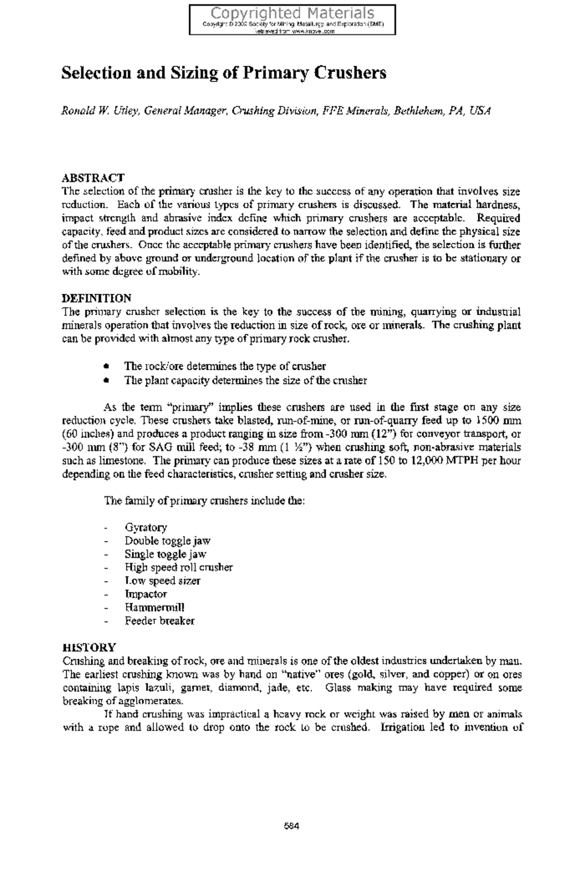 Selection and Sizing of Primary Crushers - Utley, General Manager, Crushing Division, FFE ...