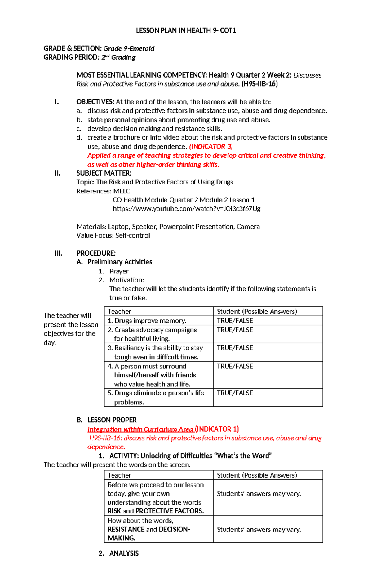 COT1-DLP-2021UTE - dll - LESSON PLAN IN HEALTH 9- COT GRADE & SECTION ...