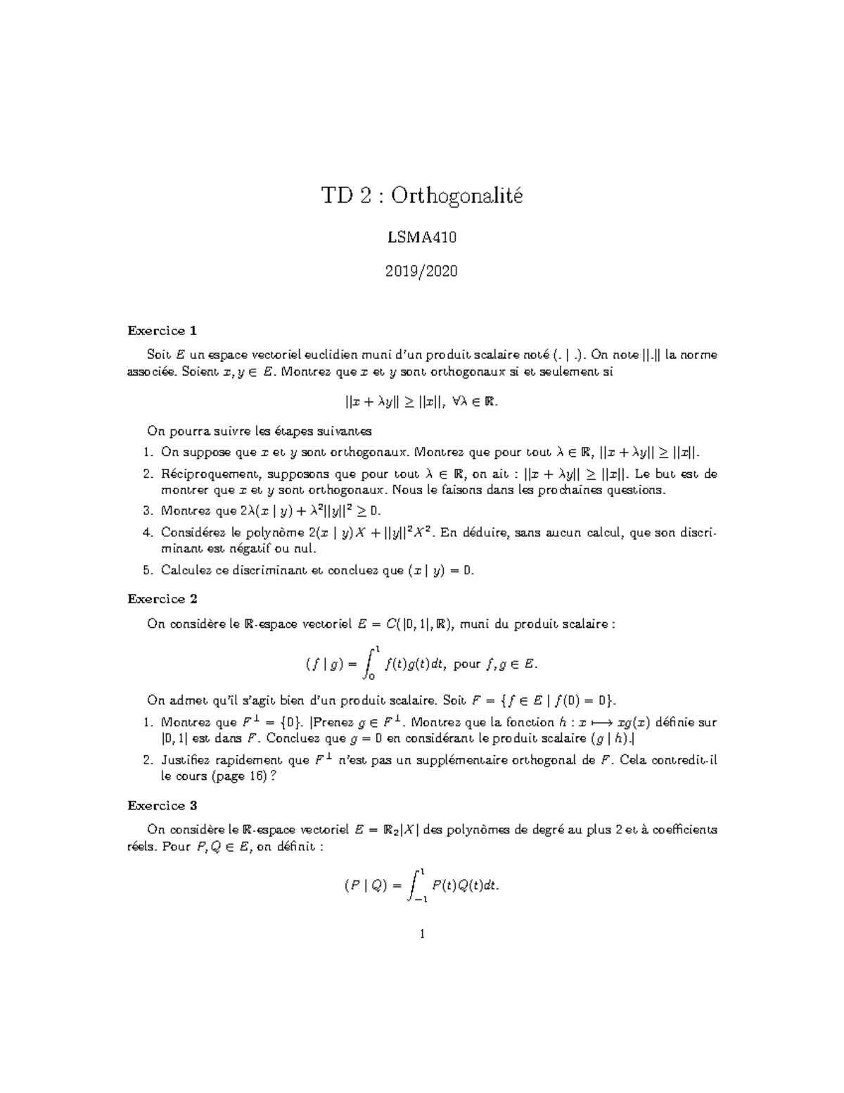 TD2 ortho - exercices - TD 2 : Orthogonalité LSMA 2019/ Exercice 1 Soit E un espace vectoriel ...