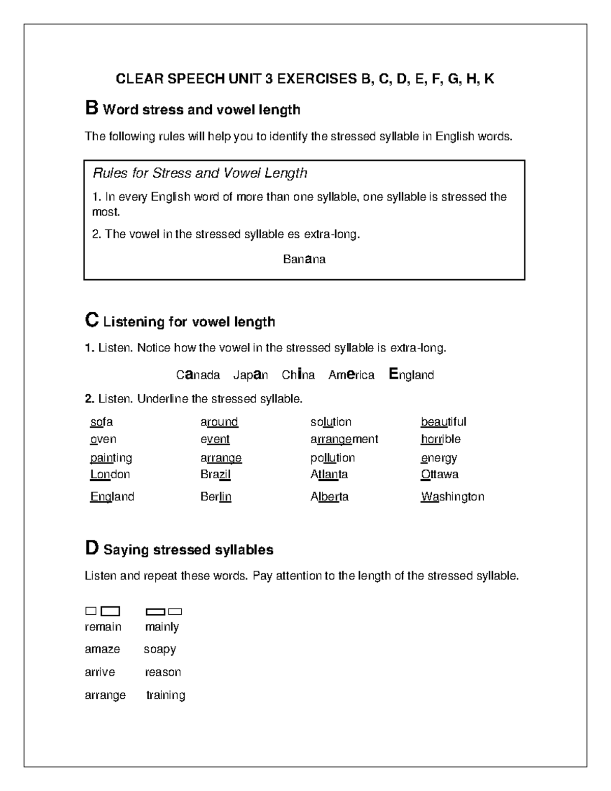 Clear Speech UNIT 3 Exercises - CLEAR SPEECH UNIT 3 EXERCISES B, C, D, E, F, G, H, K B Word ...