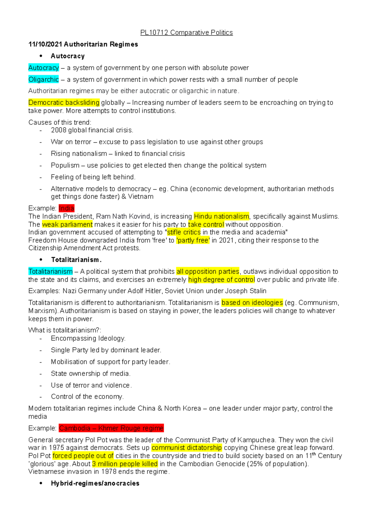 Lecture 2: Authoritarian Regimes - PL10712 Comparative Politics 11/10 ...