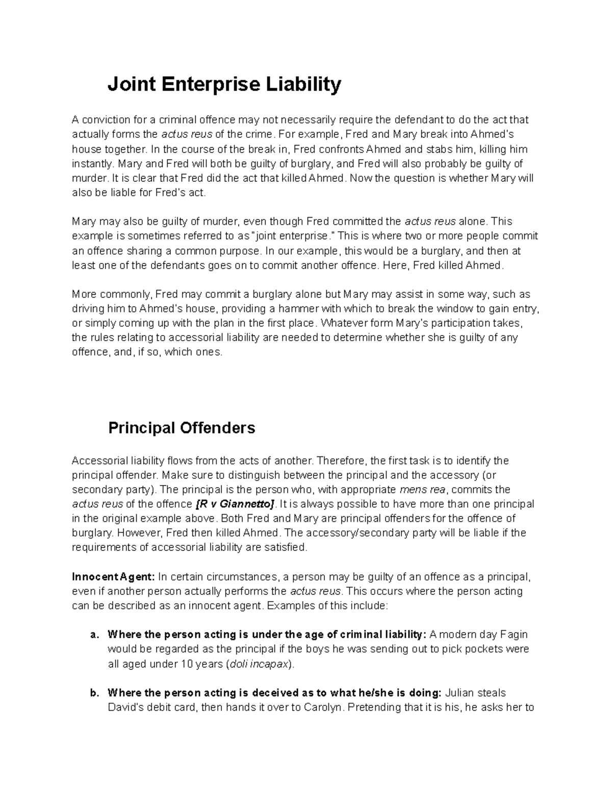 Joint- Enterprise- Liability - For example, Fred and Mary break into ...