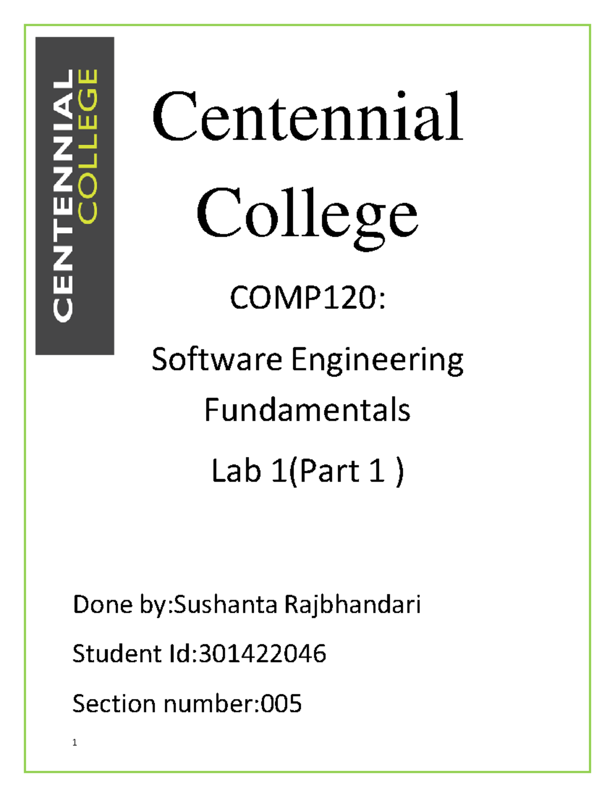 Centennial College lab 1 - Centennial College COMP120: Software ...