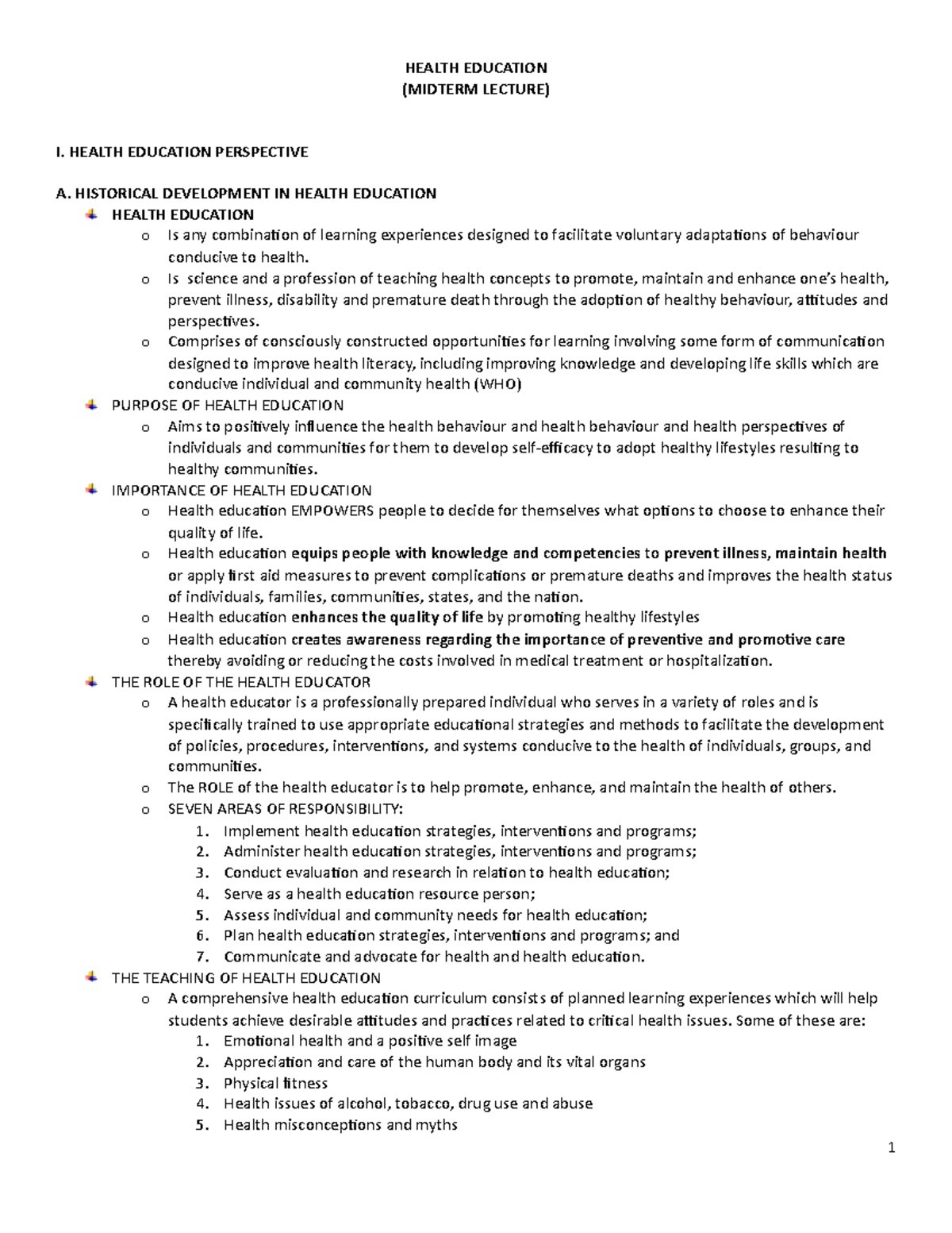 Health Education Lecture - HEALTH EDUCATION (MIDTERM LECTURE) I. HEALTH ...