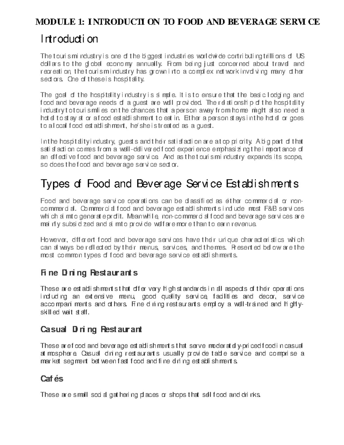 Lesson 1- Introduction TO FOOD AND Beverage Services - MODULE 1: I ...