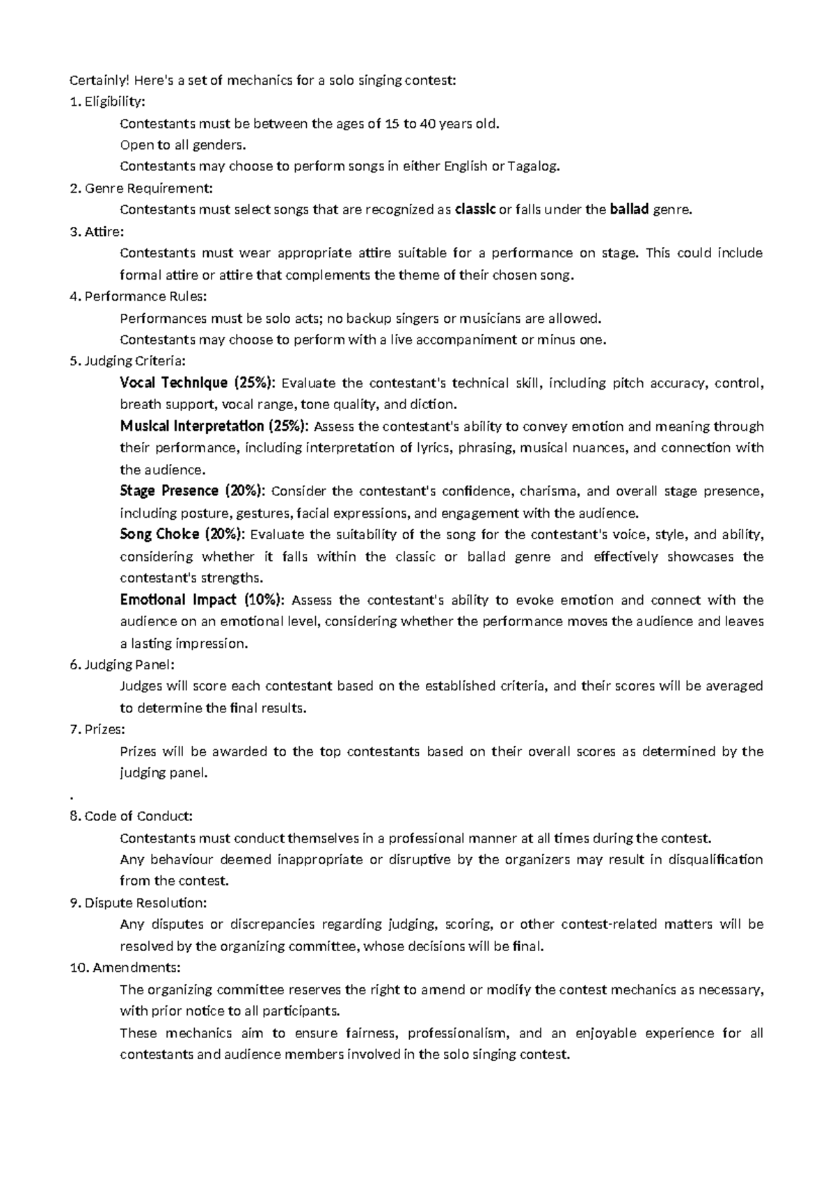 Criteria for song solo singing contest - Certainly! Here's a set of ...