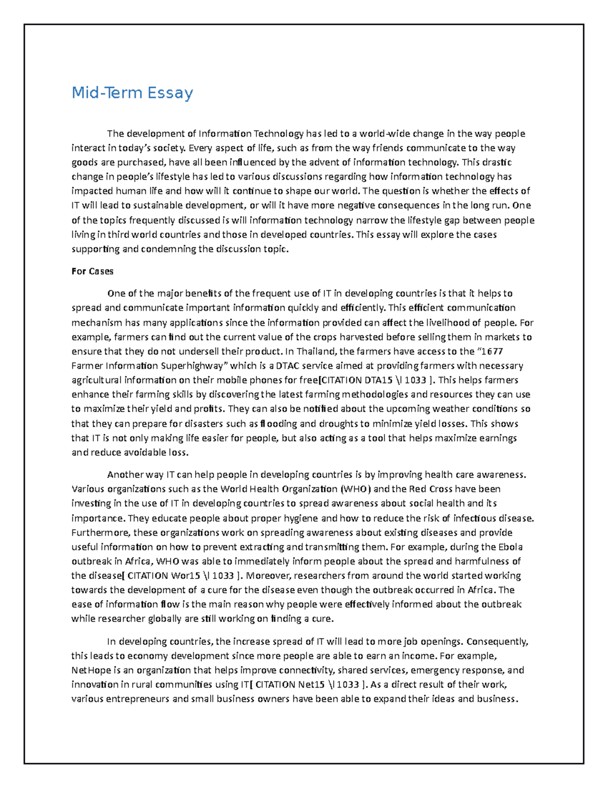 Mid Term Essay for MSCI - Mid-Term Essay The development of Information ...