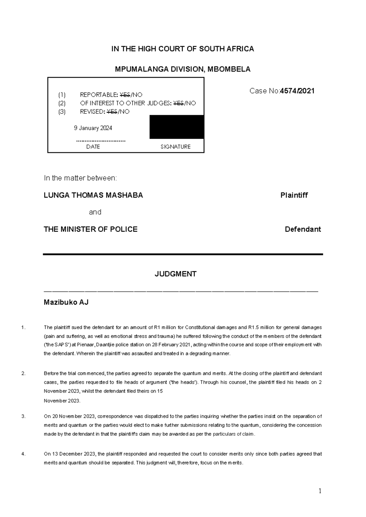 Minister OF Police 5 Pages YES - IN THE HIGH COURT OF SOUTH AFRICA ...