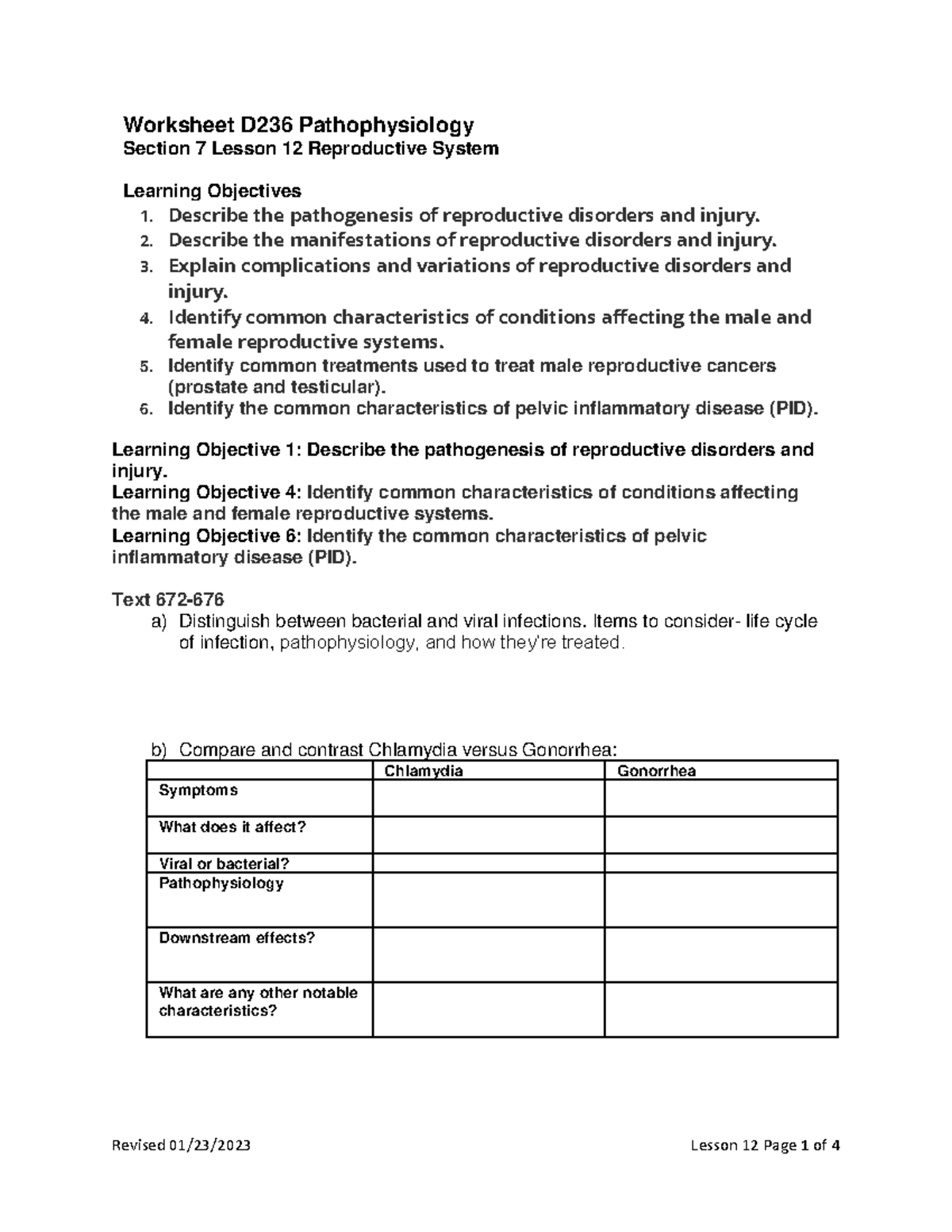 Lesson 12 Reproductive System - Worksheet D236 Pathophysiology Section ...