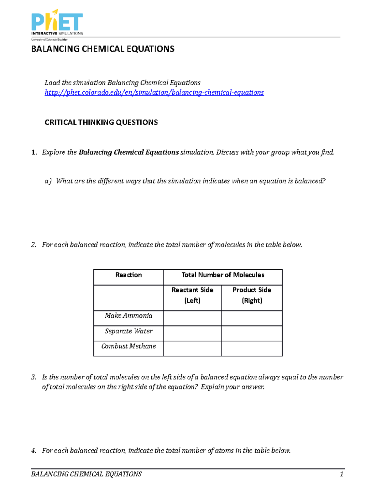Balancing Chemical Equations Guided Inquiry Student Handout (1 ...