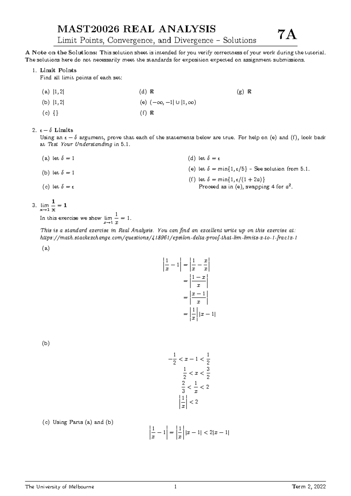 Tutorial 7 Solutions Anzac - MAST20026 REAL ANALYSIS 7A Limit Points ...