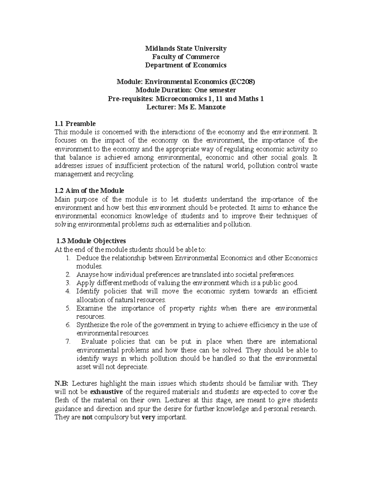 Environmental module outline - Midlands State University Faculty of ...