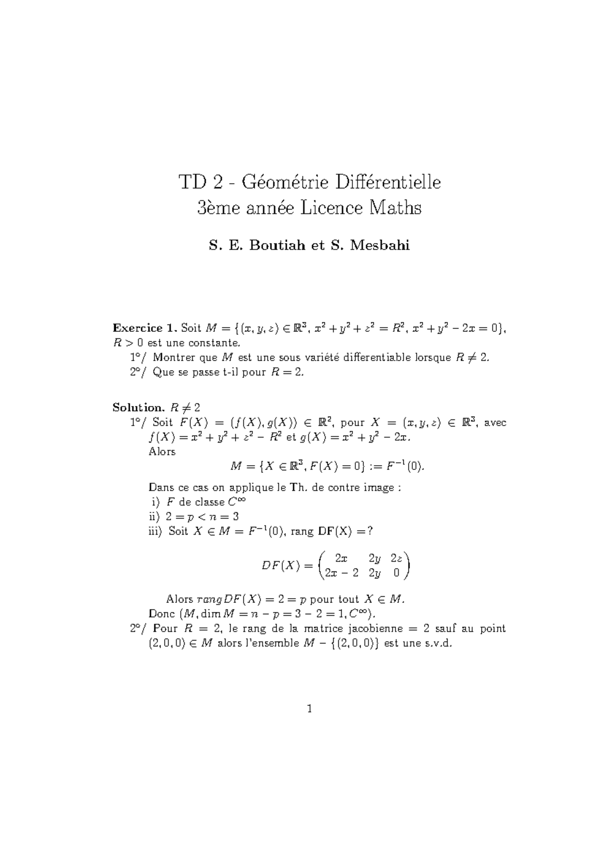 TD 2 Geo diff - Math - TD 2 - G ́eom ́etrie Diff ́erentielle 3`eme ann ...
