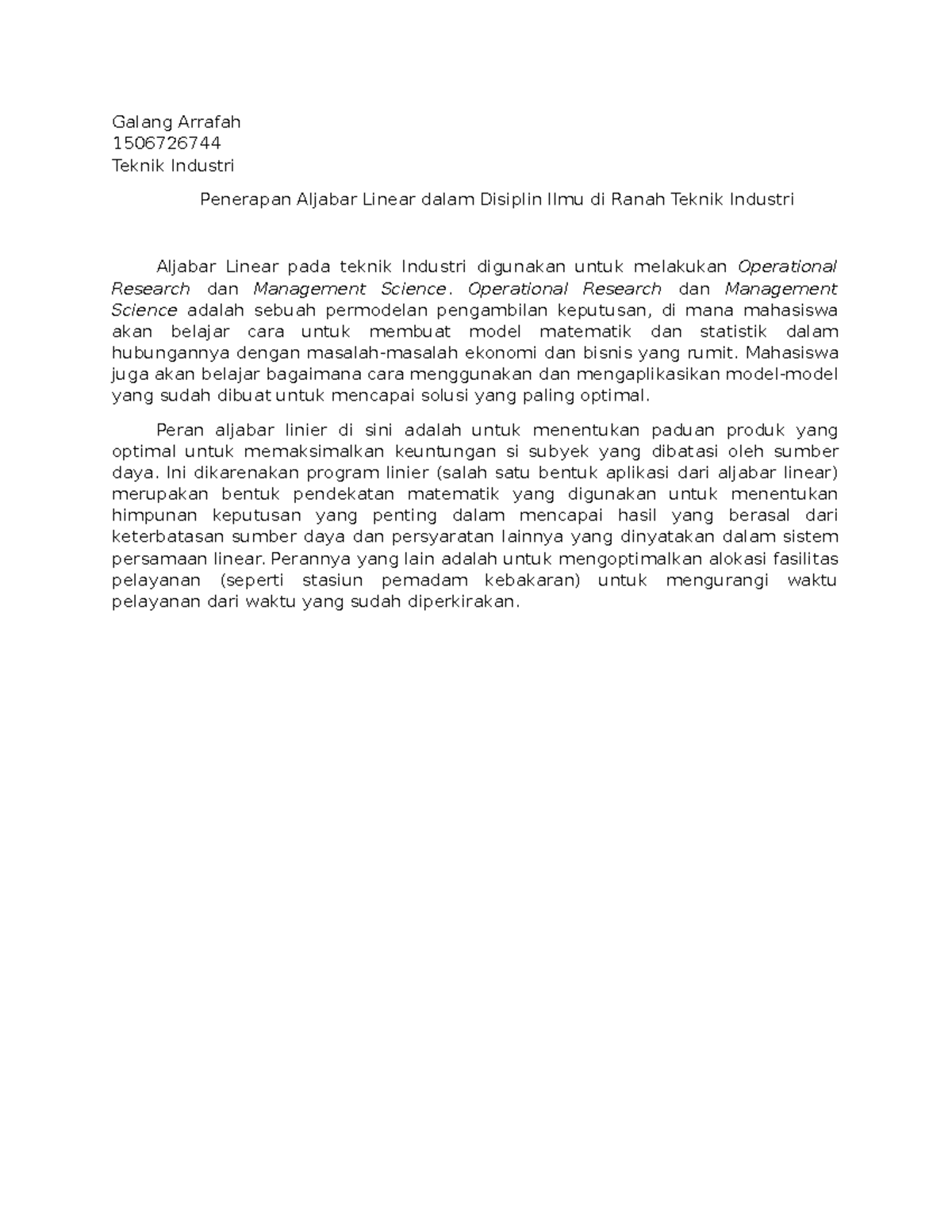 Aljabar Linear Aplikasi Aljabar Linier Dalam Ranah Teknik Industri Galang Arrafah Galang