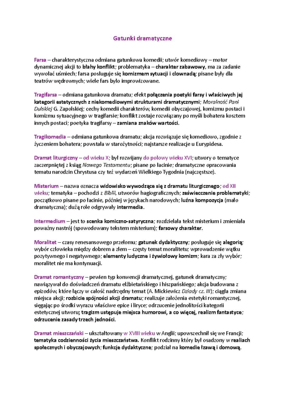 Gatunki dramatyczne - notatka zbiorcza - Gatunki dramatyczne Farsa ...