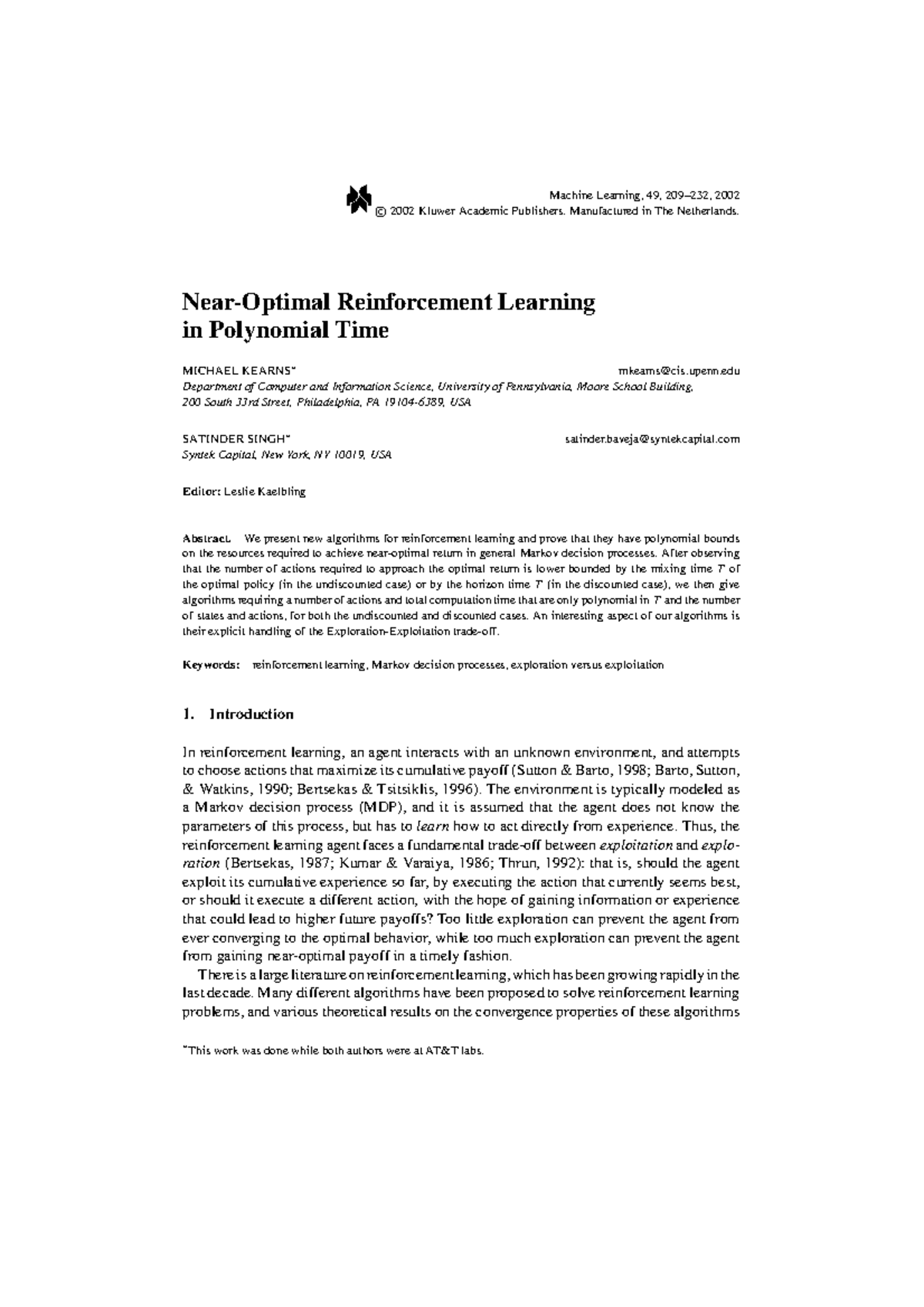 Near Optimal Reinforcement Learning In Polynomial Time Machine Learning 49 209232 2002