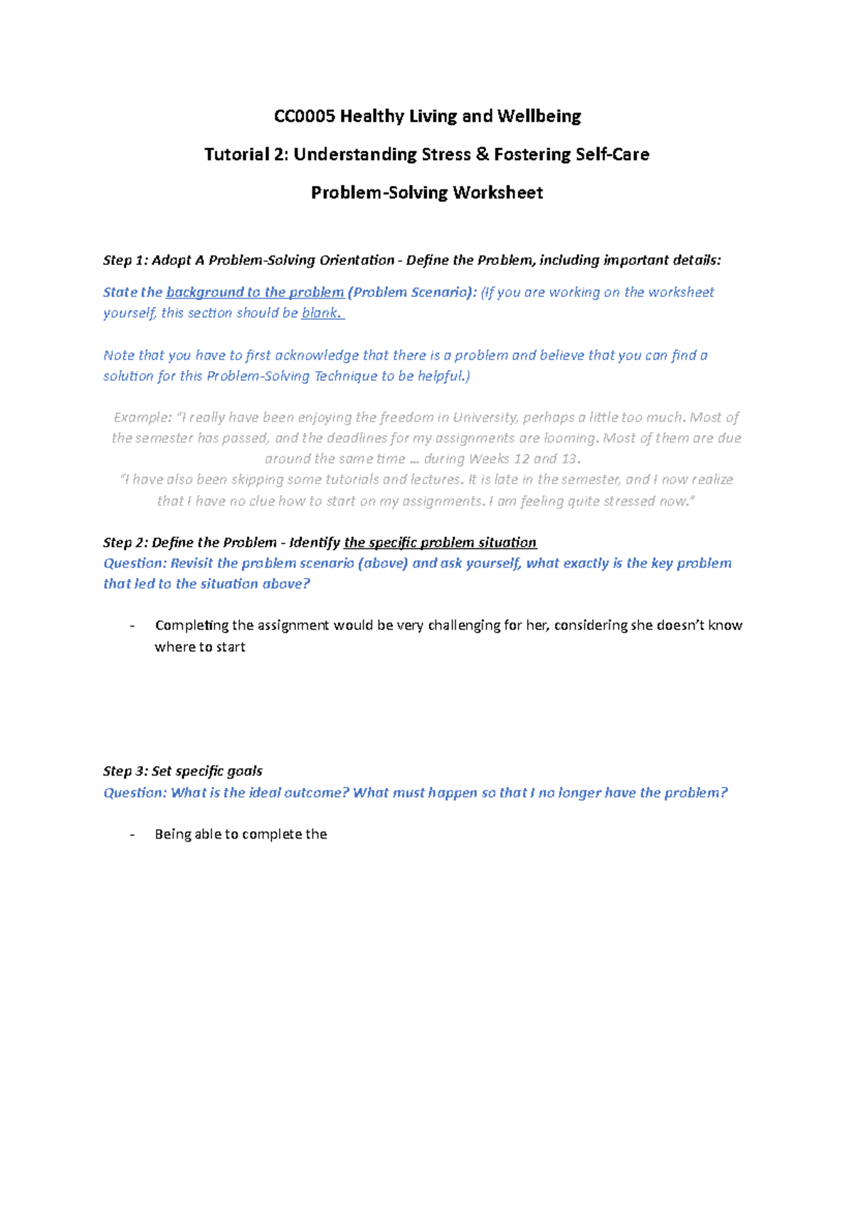 CC0005 Tutorial 2(8) Stress - Problem Solving Worksheet (Student) Final ...