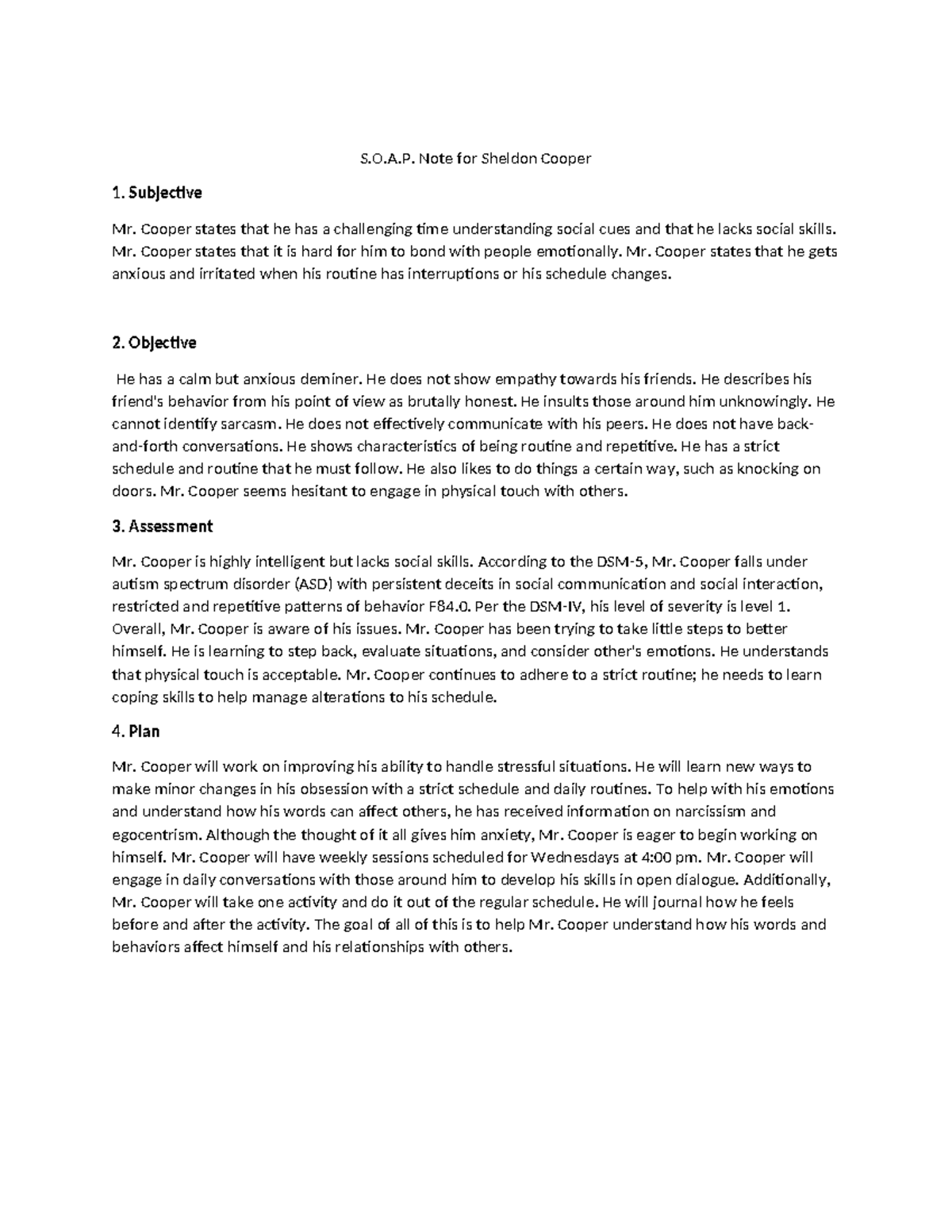 4900 Assignment 1 - Peggy case study - S.O.A. Note for Sheldon Cooper ...