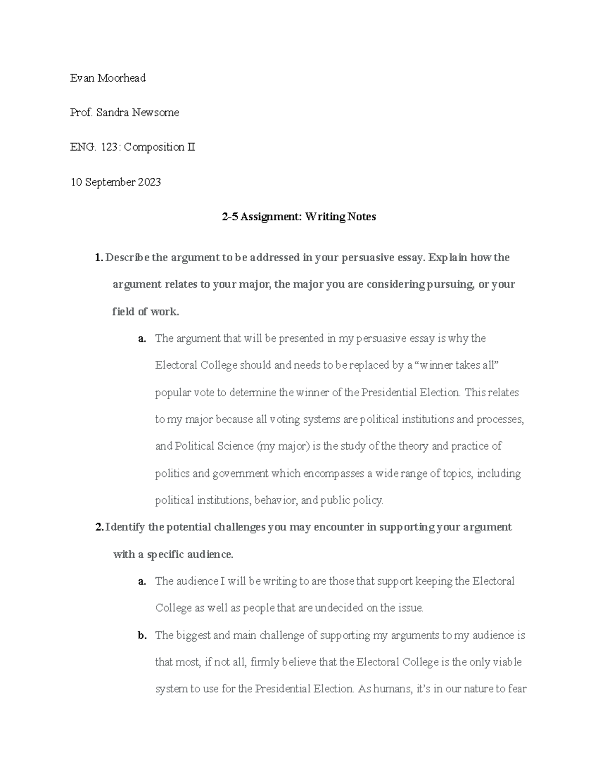 2-5 Assignment Writing Notes - Evan Moorhead Prof. Sandra Newsome ENG ...