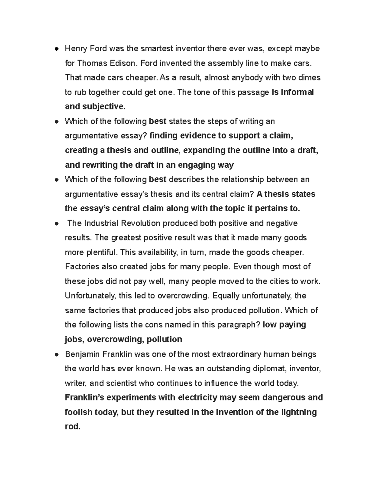 Writing Workshop Creating an Argumentative Essay - Henry Ford was the ...
