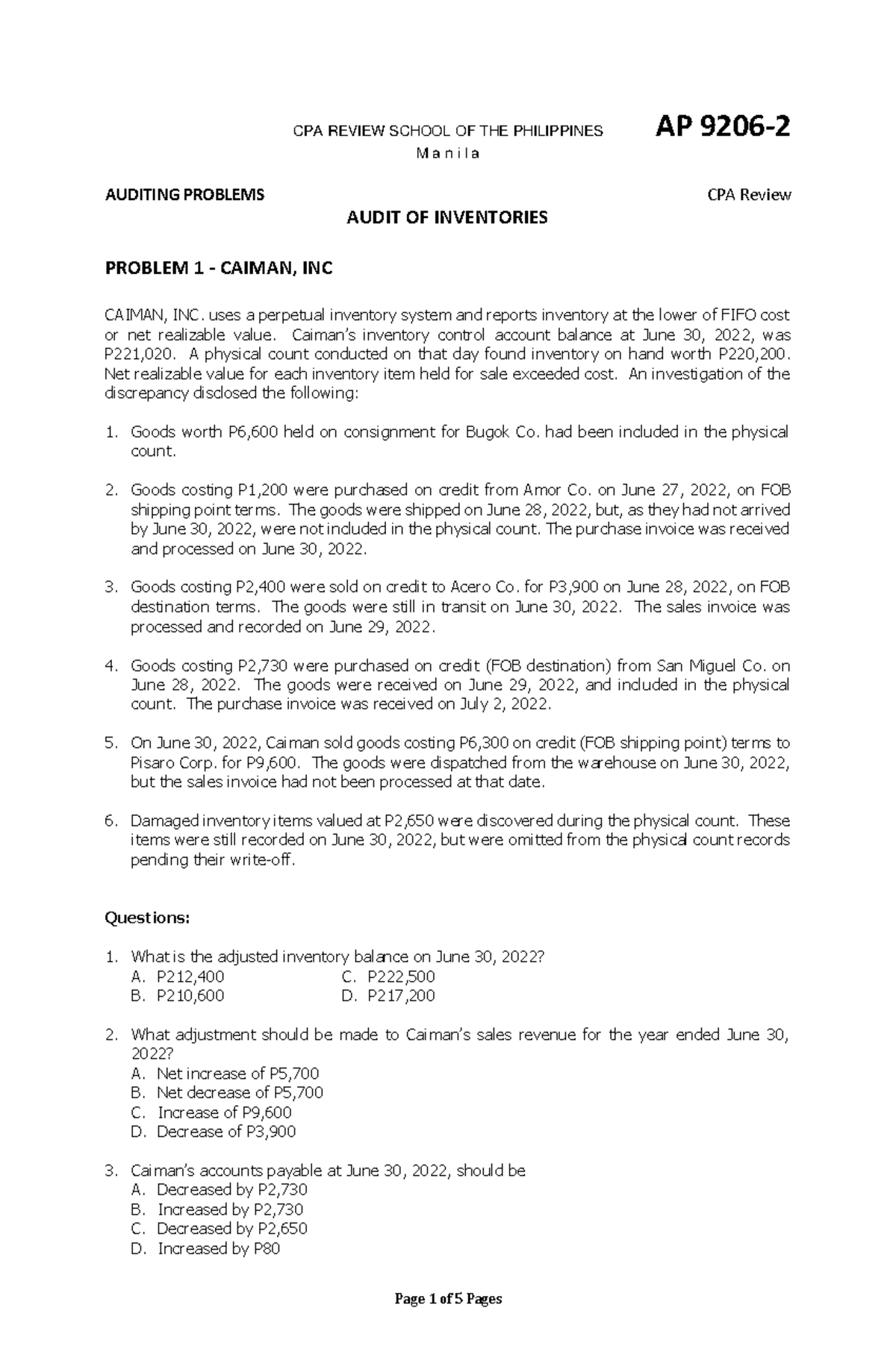 Auditing Problems - CPA REVIEW SCHOOL OF THE PHILIPPINES AP 9206- M a n ...