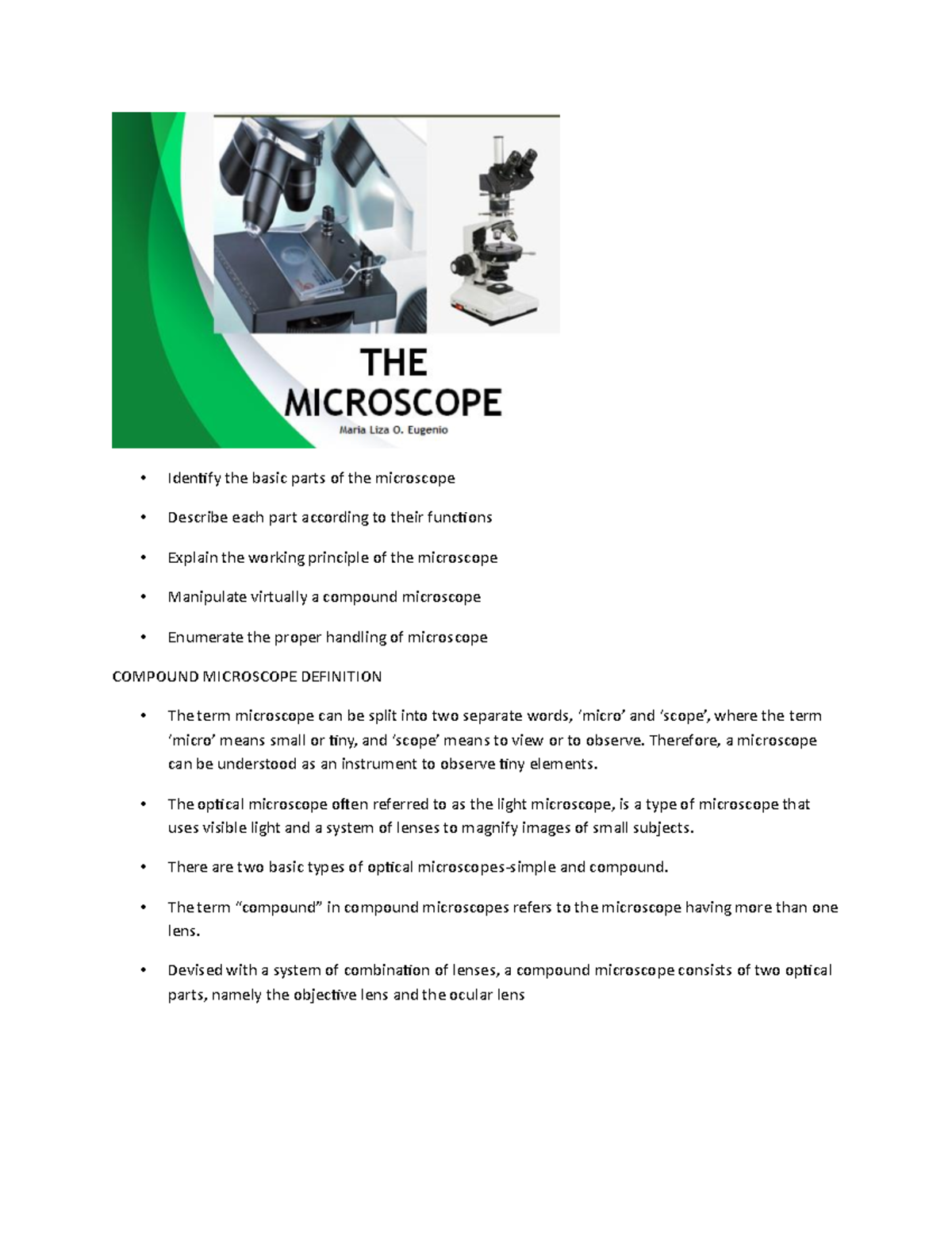 THE Microscope pdf - Review - Identify the basic parts of the ...