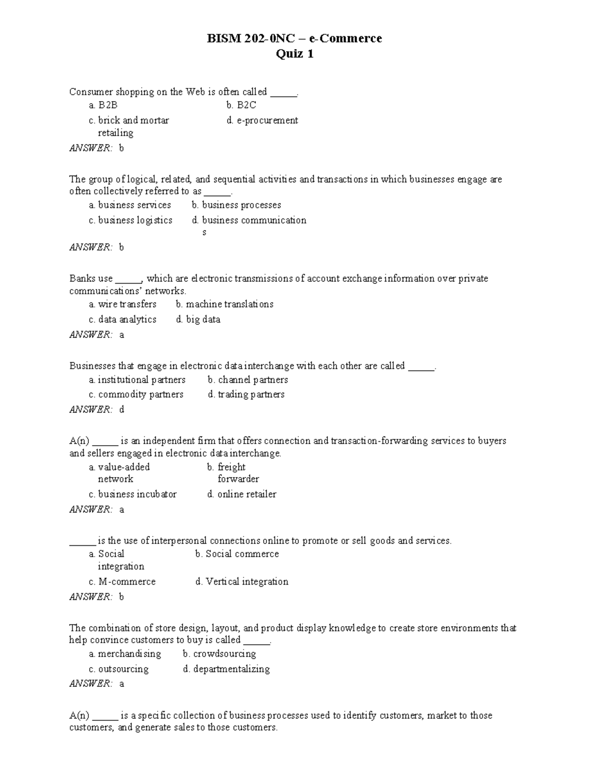 Quiz 1 - Quiz 1 practice quiz to prepare - BISM 202-0NC – e-Commerce Quiz 1 Consumer shopping on ...