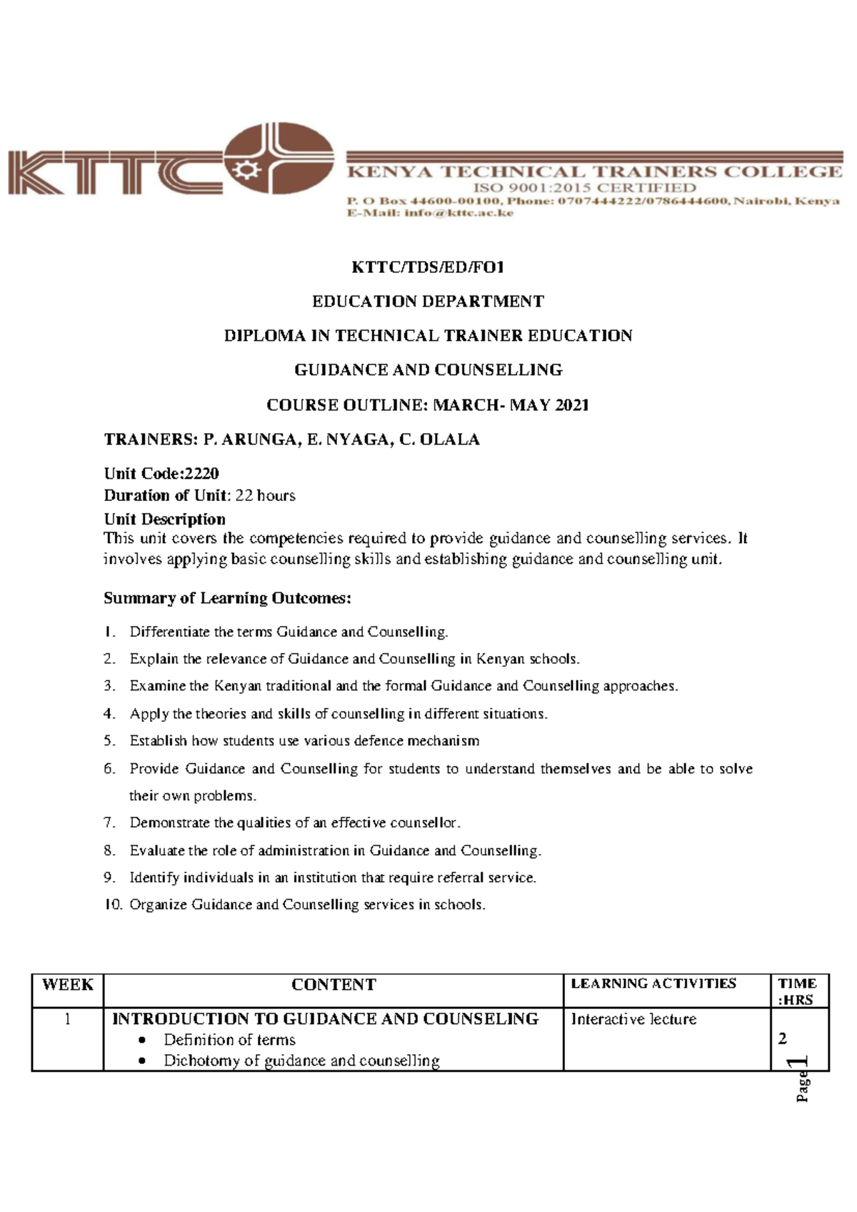 Guidance AND Counseling Course Outline 2021 - 1 KTTC/TDS/ED/FO ...