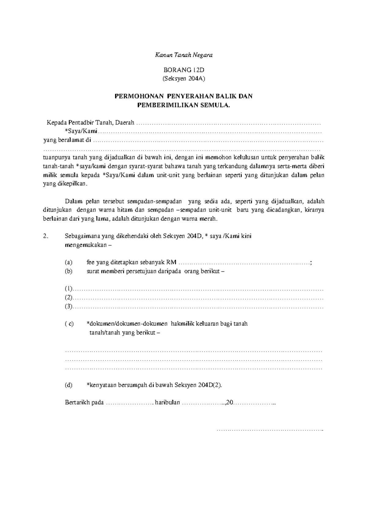 Borang 12D Sek - NOTES - Kanun Tanah Negara BORANG 12D (Seksyen 204A ...