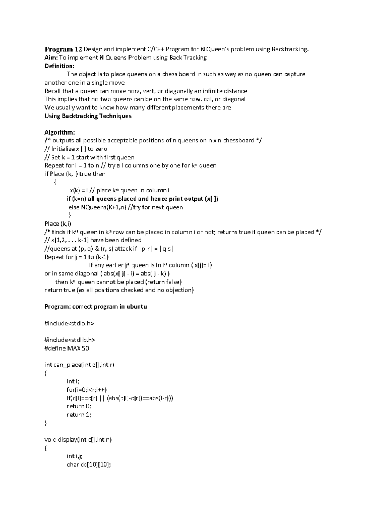 model question paper - Program 12 Design and implement C/C++ Program for N Queen's problem using ...