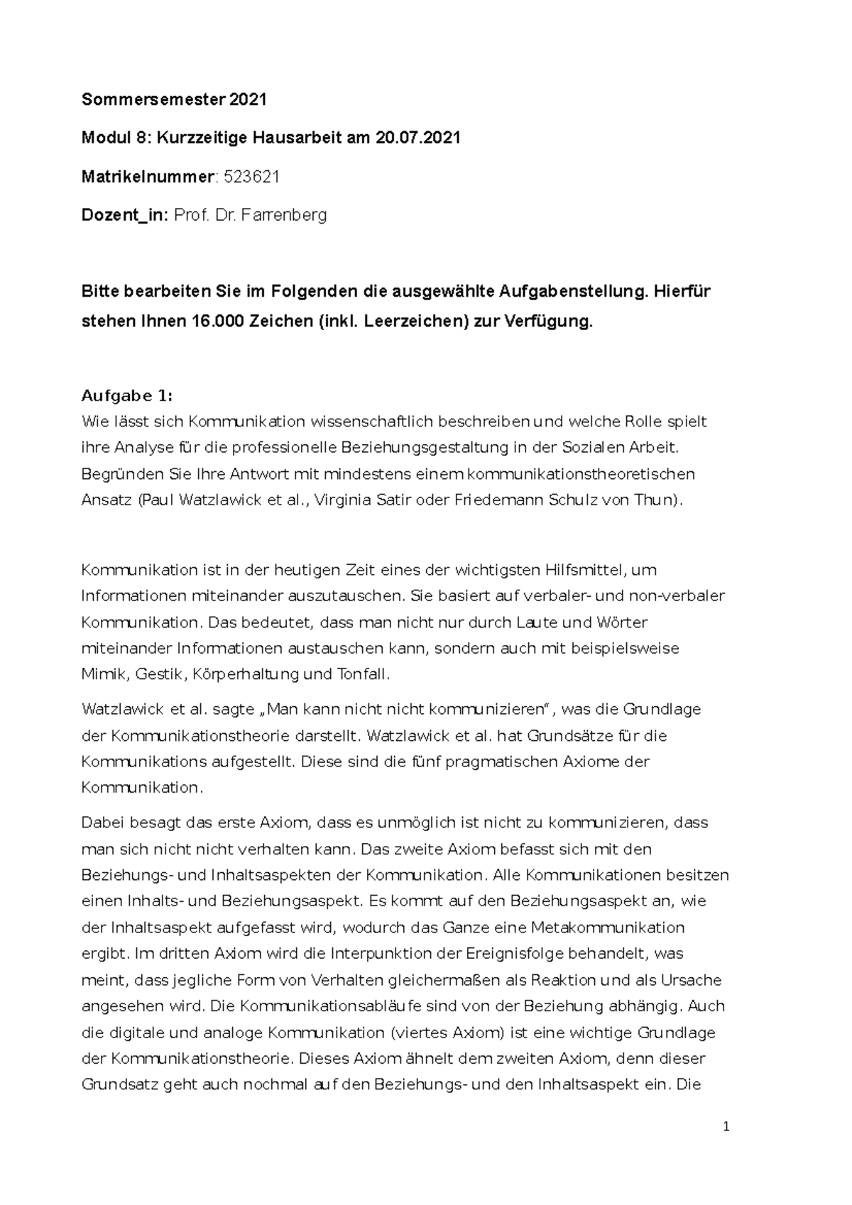 Kurzzeitige Hausarbeit 523621 Prof. Dr. Farrenberg - Sommersemester ...