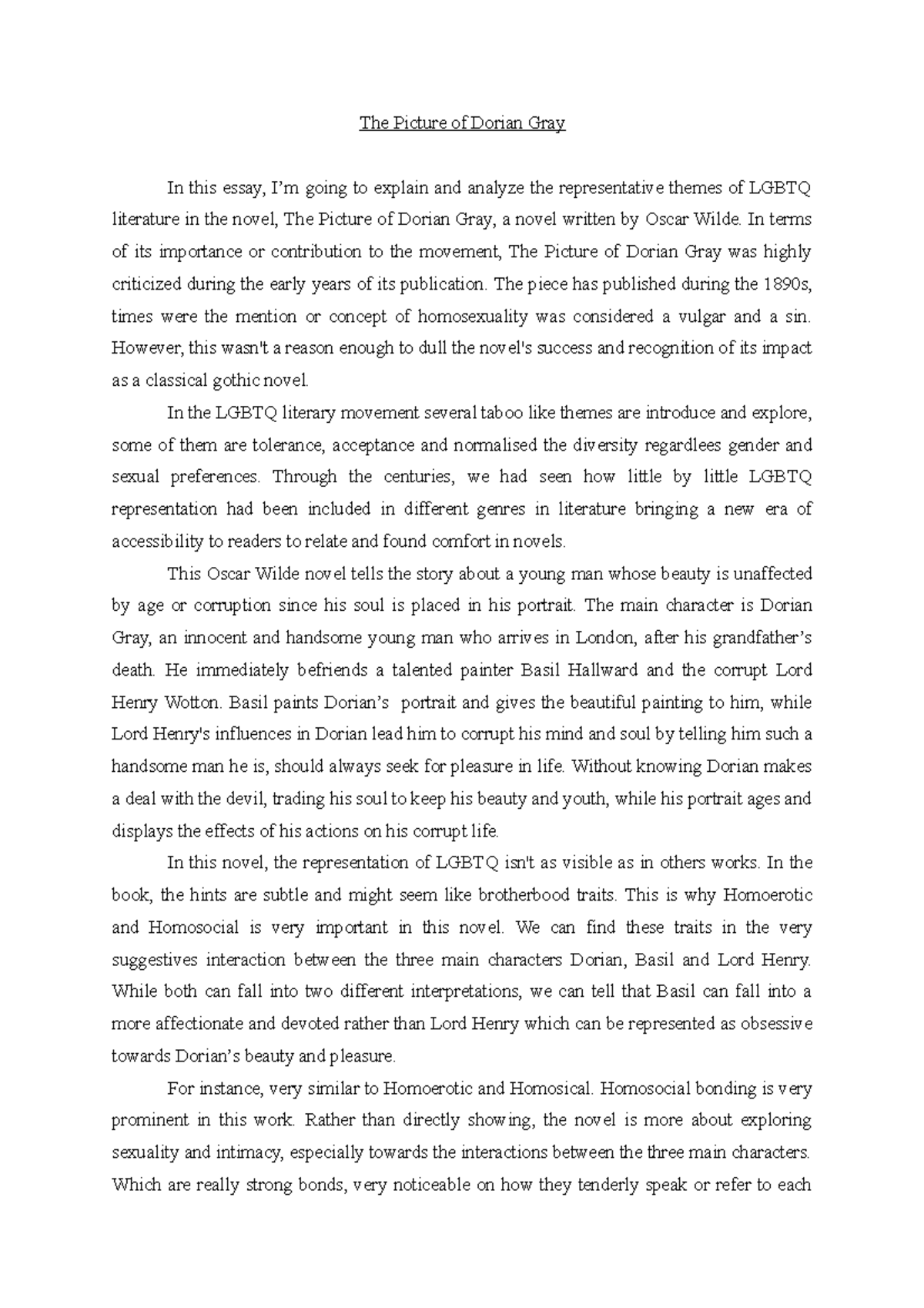 Lgbtq Essay - Slovanna Solis - The Picture of Dorian Gray In this essay ...