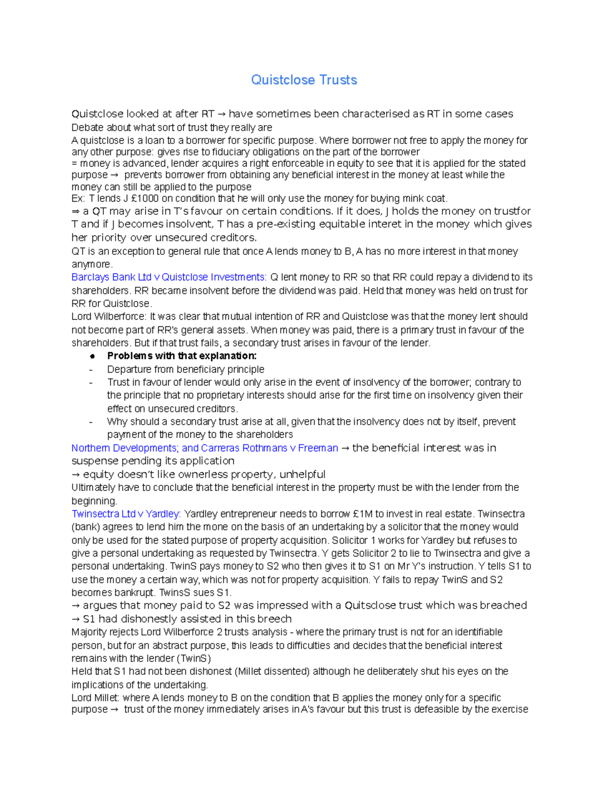Lecture 18 Trust & Equity - Revisions - Quistclose Trusts Quistclose ...